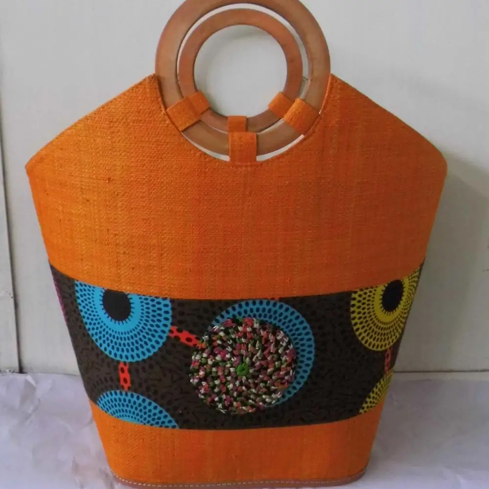 HANDBAG WITH AFRICAN WAX FABRIC Trim Handcraft Raffia Bag Made in ...