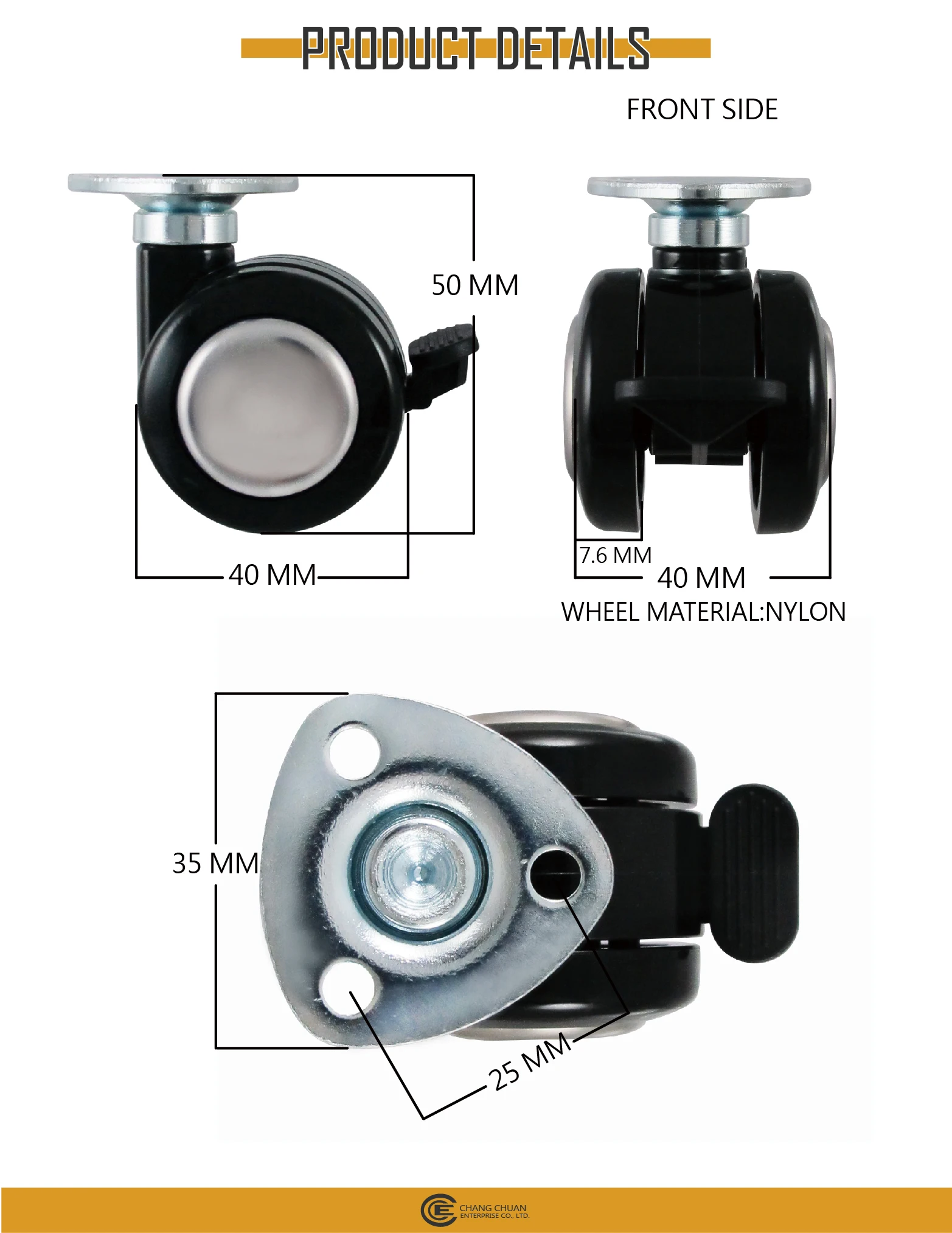 Cce Caster 1.5 Inch Triangle Plate Nylon Twin Wheel With Brake - Buy ...