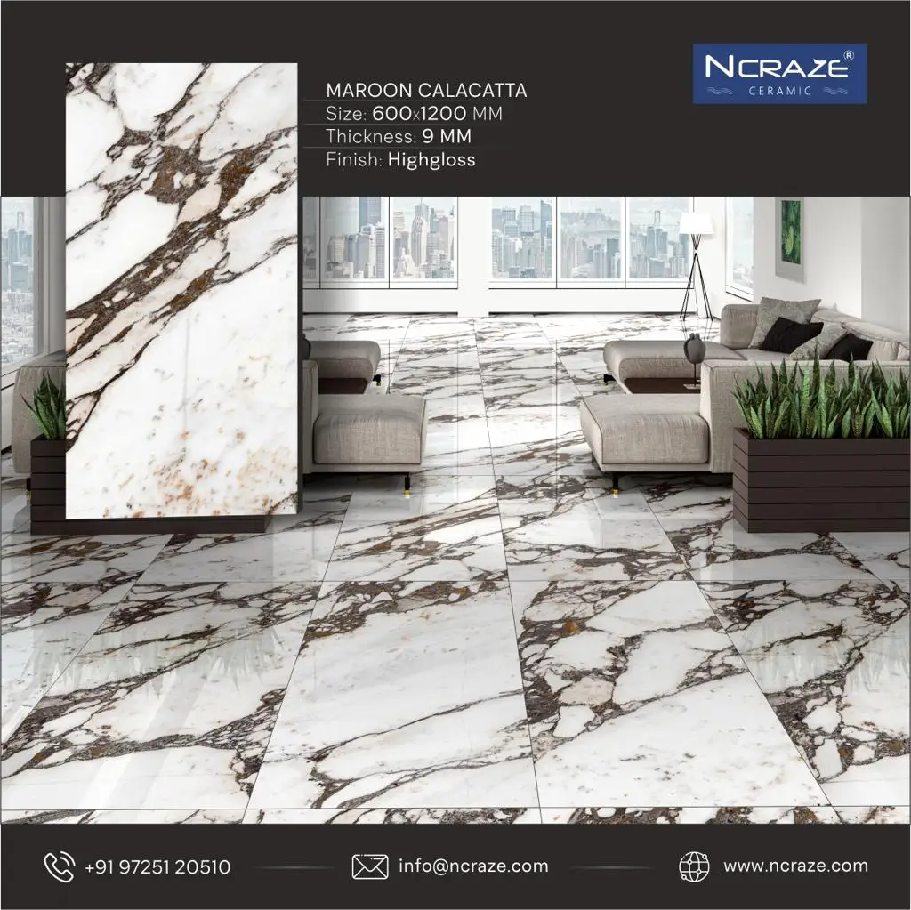 Maroon Calacatta Digital Glazed Porcelain Tiles by Ncraze Ceramic