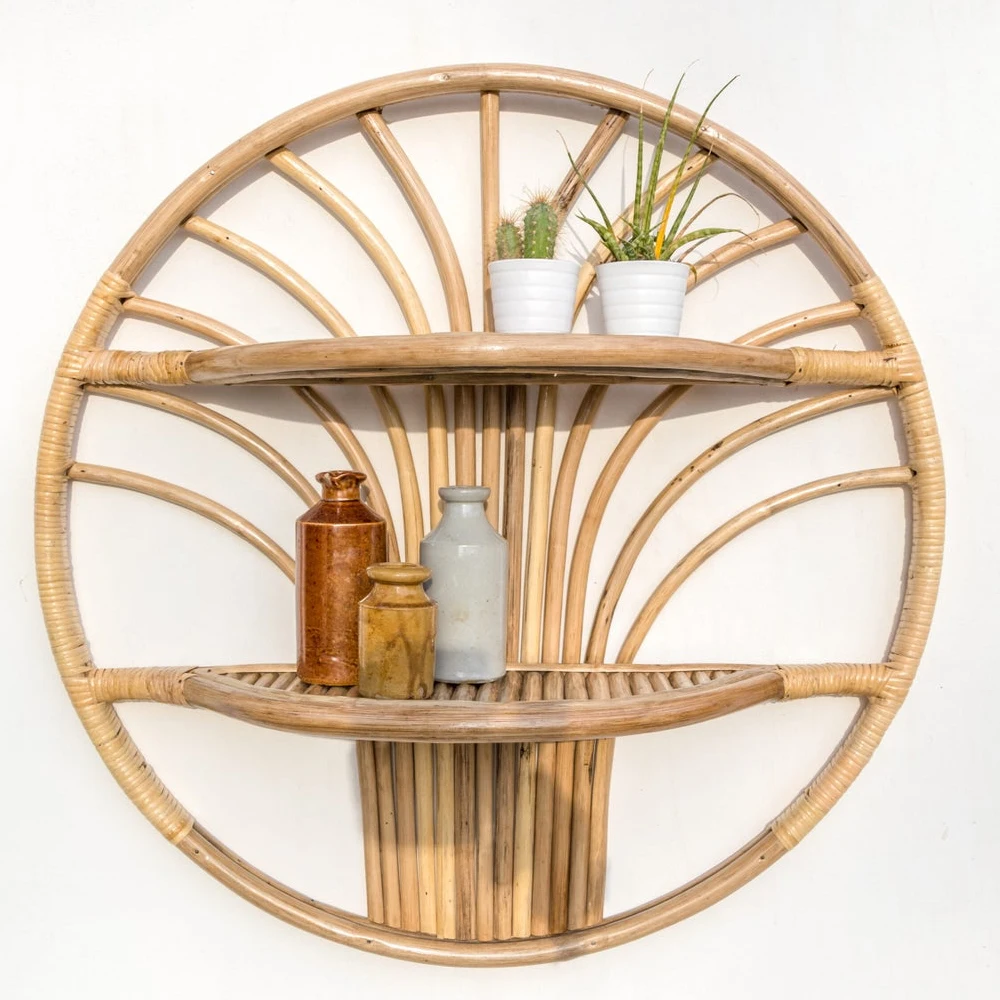 Round Rattan Shelves Hanging Wall Decor, Vintage Rattan Wall Shelf in ...