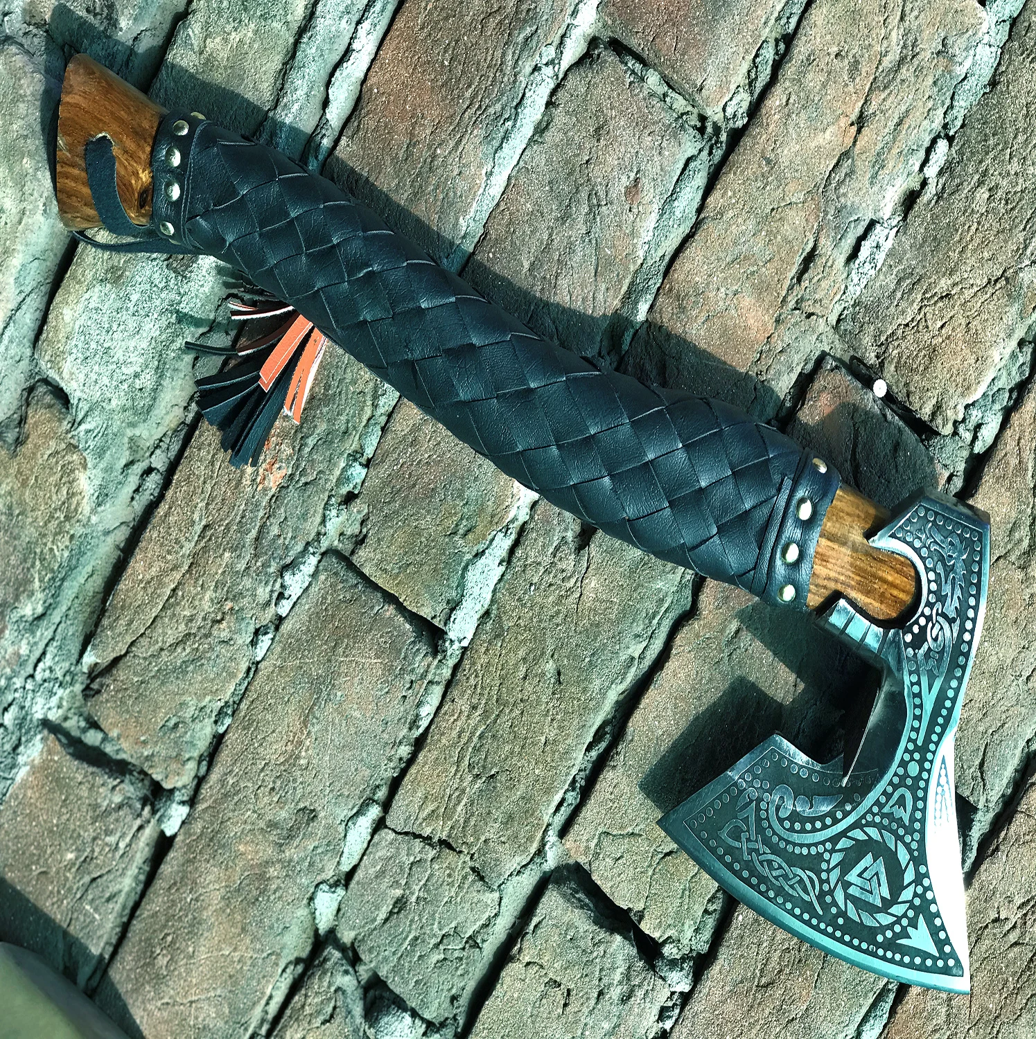 Custom Handmade 18\" Leather Strip Carbon Steel Viking Hatchet Axe with ...