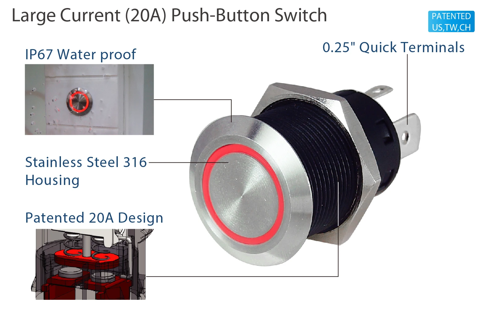 YIS Marine DC 20A Metal LED Push Button Switch - Anti Vandal