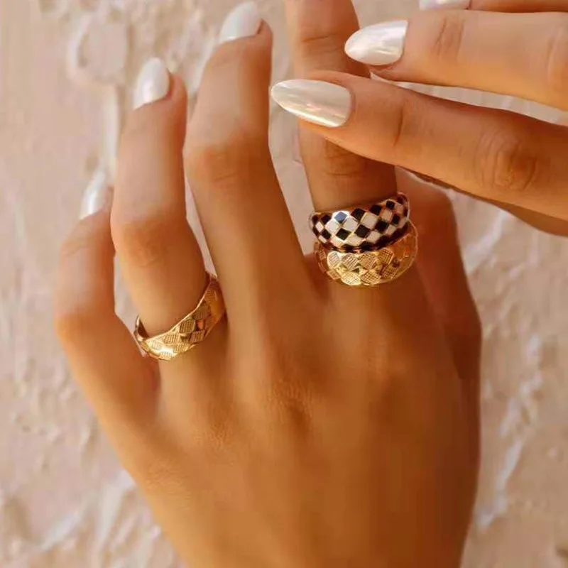 Checker Heart Vintage Tarnish Free Stainless Steel Ring Black And White Enamel Gold Checkered ...