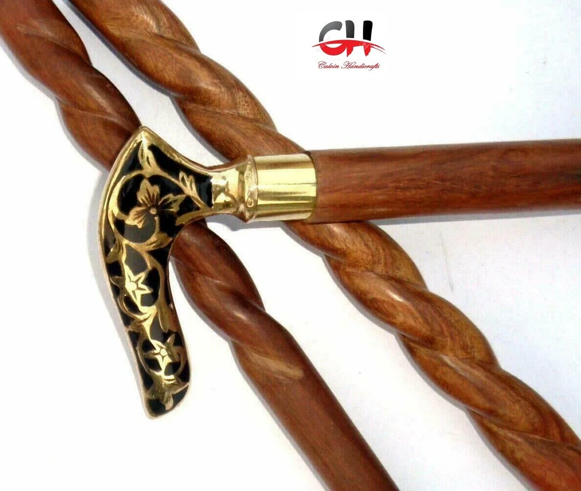 Self Defense Walking Stick - Vintage Flower Design Brass Handle