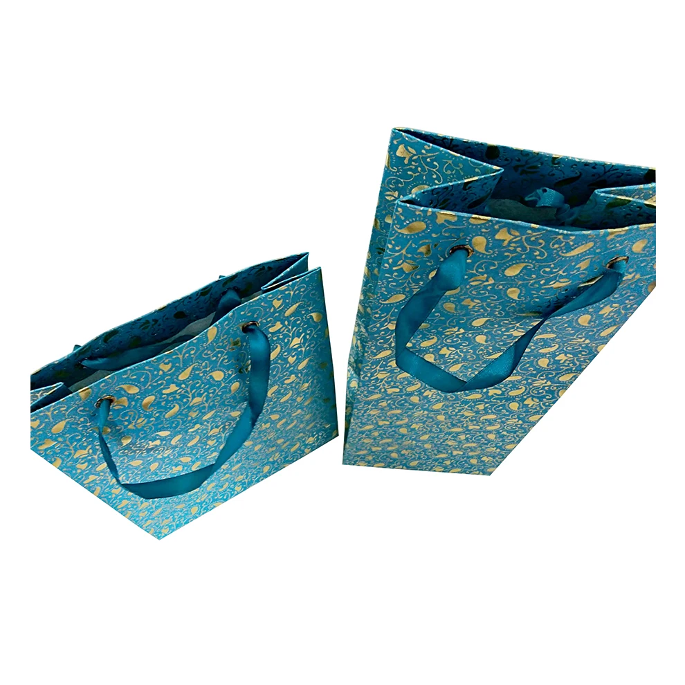 Design Blue Kraft Paper Fancy Shopping Bag With Ribbon Handle Factory ...