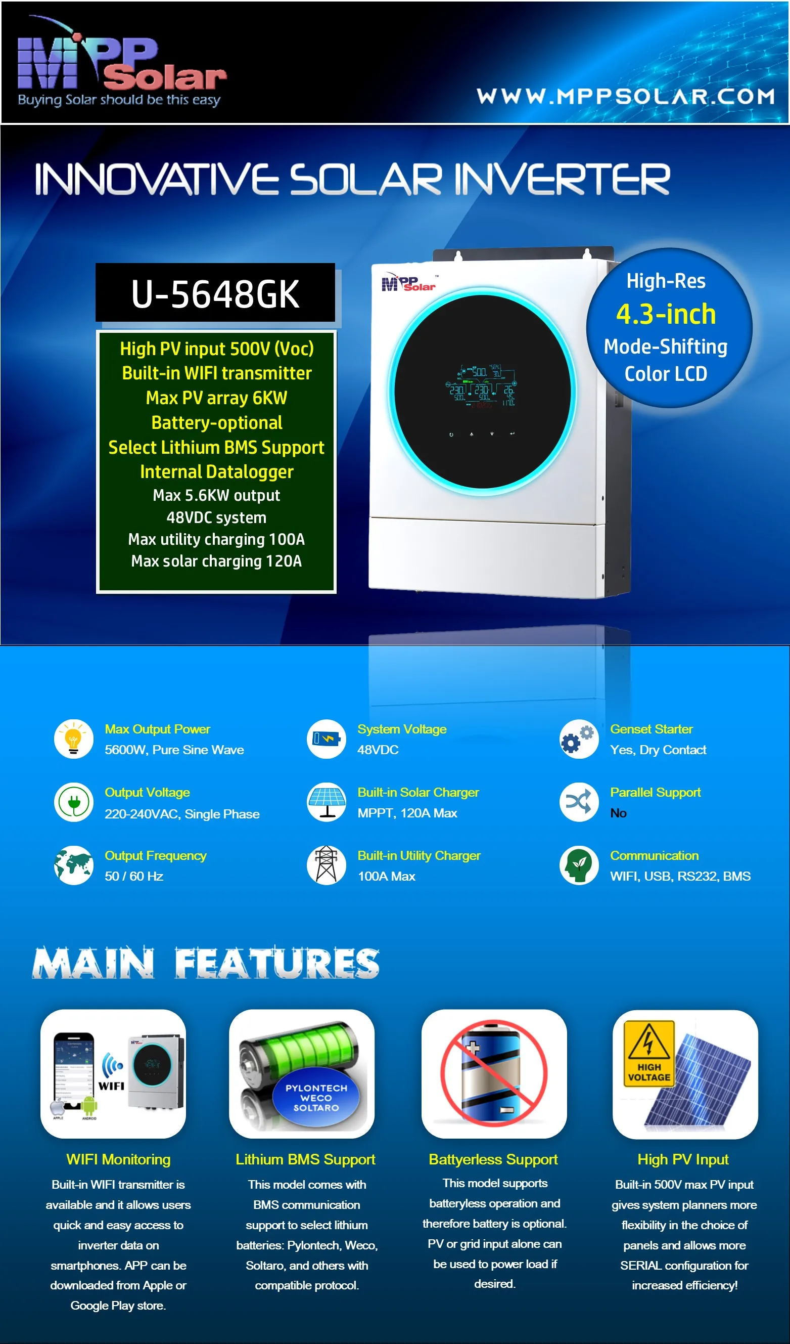 5600w 48v Mpp Solar Inverter 230v Mppt Charger 120a High Pv Input 500v ...