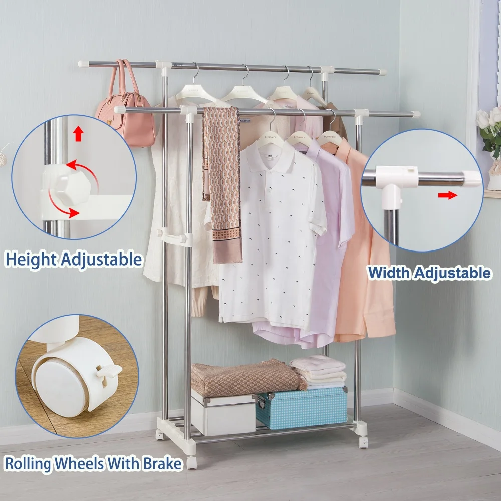 Baoyouni Double Rail Cloth Hanger Stand Stainless Steel Clothes ...