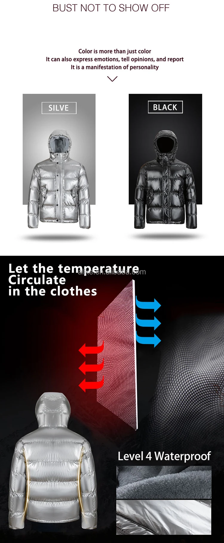 Men's Winter Shiny Jacket PU Waterproof Warm Thick Puffer