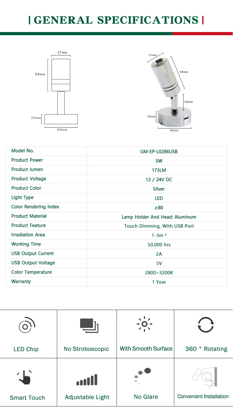 Genuine Vehicle 12v Usb Port Charger Rv Reading Light With Dimming ...