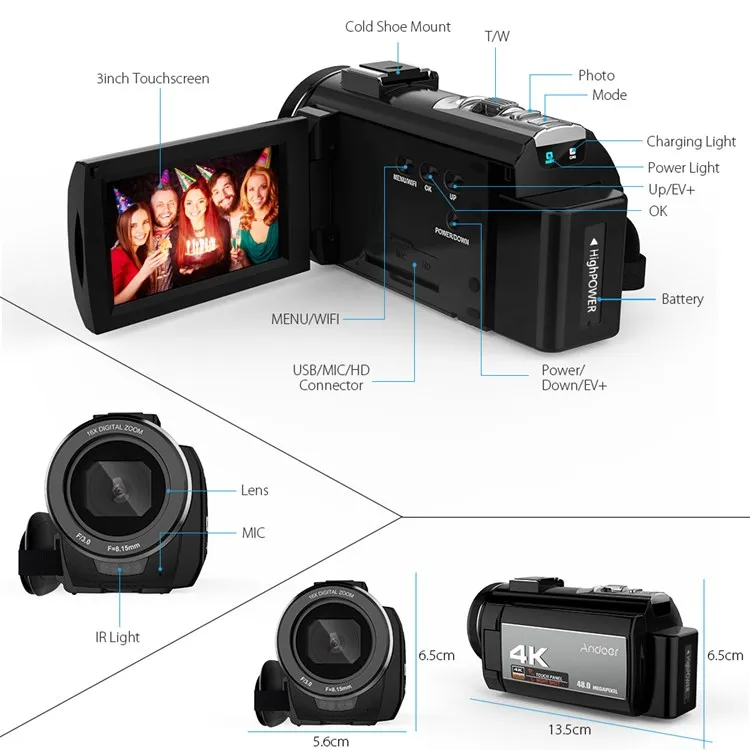 16x Digital Zoom 4k 48mp Wifi Digital Video Camera 3.0 Inch Touch ...