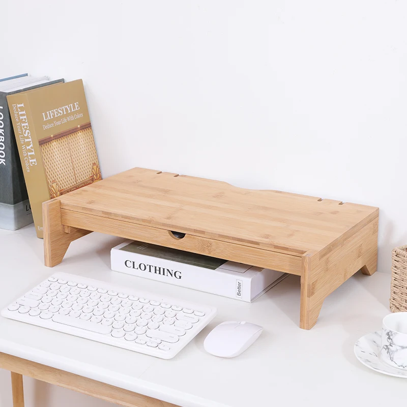Bamboo Monitor Riser Stand with Drawer Storage - Organize Desktop