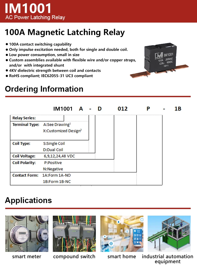 100A Magnetic Latching Relays for Smart Meter & Home Appliance