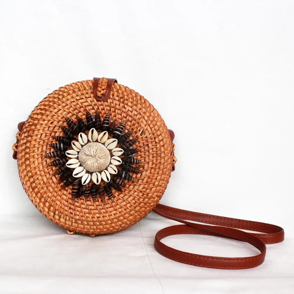 Hot Trend! Round Rattan Bag With Shell,Rattan Bag With Leather Handle ...
