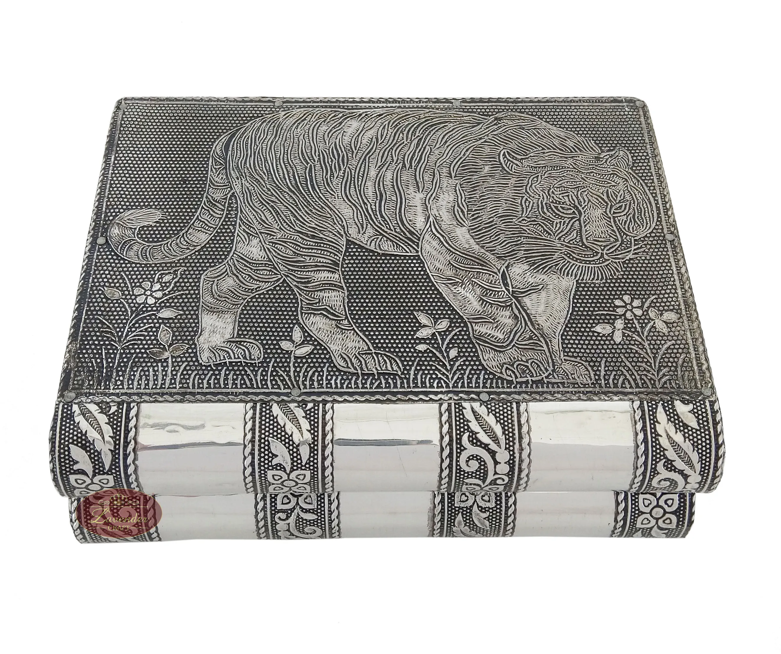 Antique Tiger Designed,Silver Metal Finish,Wooden Handmade Jewelry Gift ...