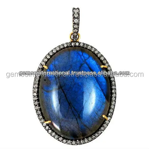 14k Yellow Gold Pave Diamond Labradorite Pendant Jewelry Silver ...