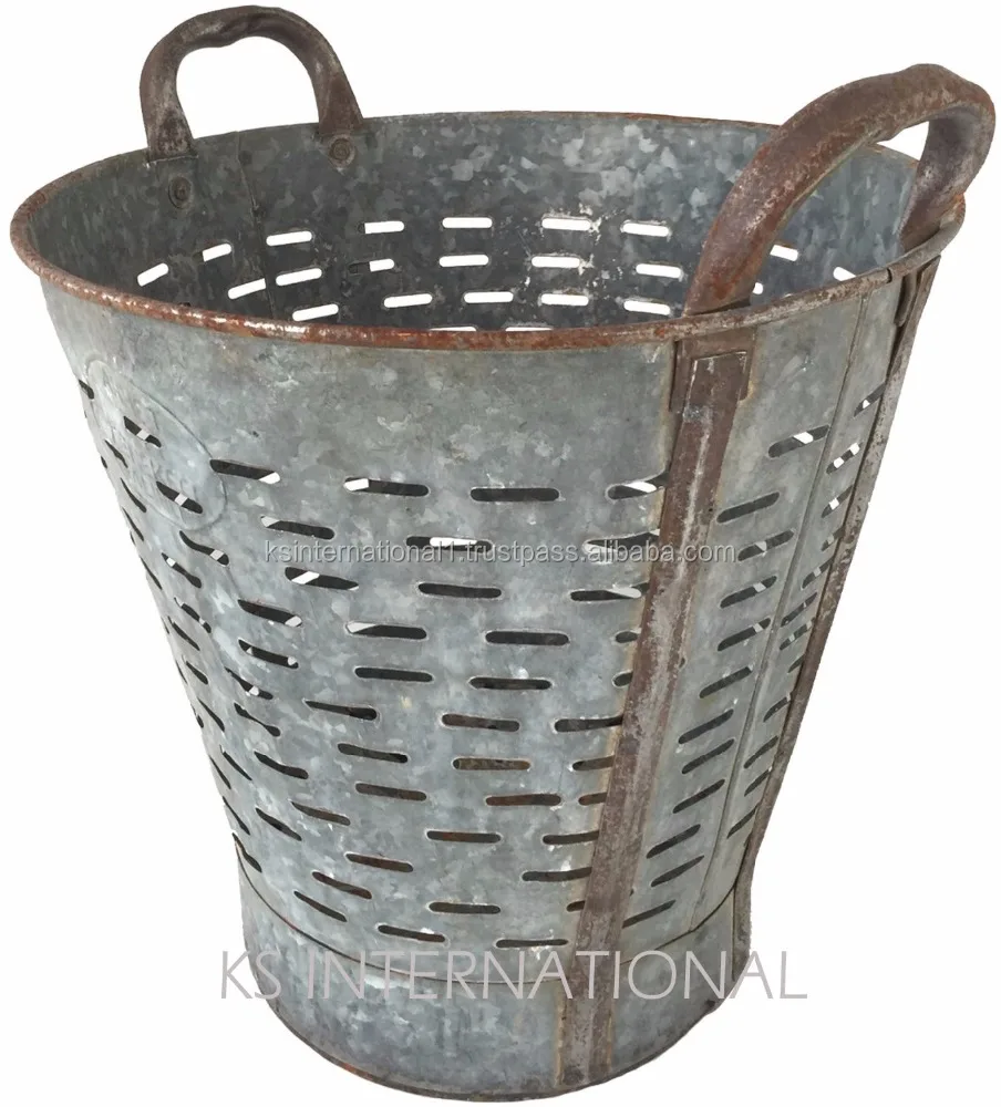 Antique Galvanized Metal Round Olive Bucket
