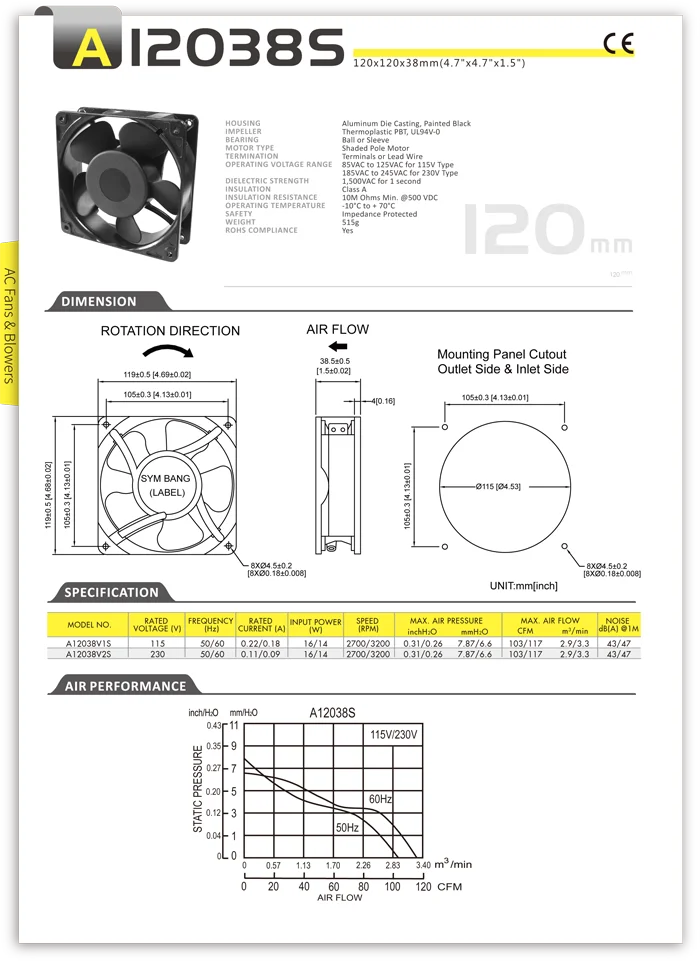 A12038S High Speed AC Fan 220v - 120x120x38mm Cooling Solution