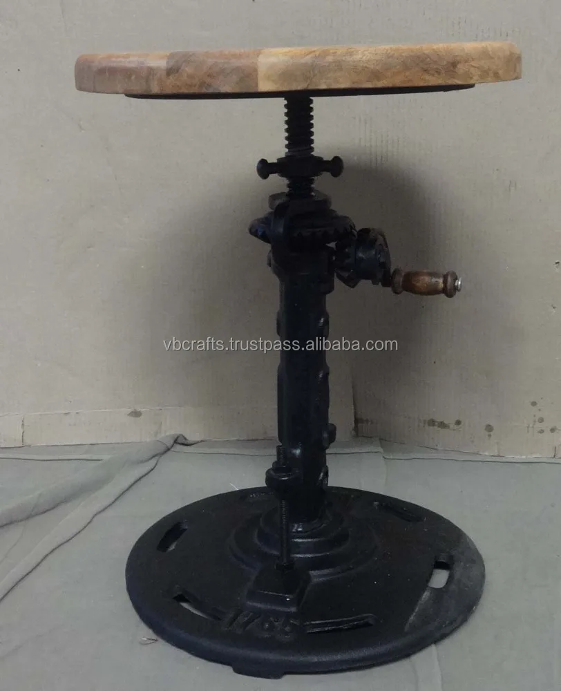 Vintage Industrial Crank Base Mango Wooden Round Stool Hand Adjustable ...