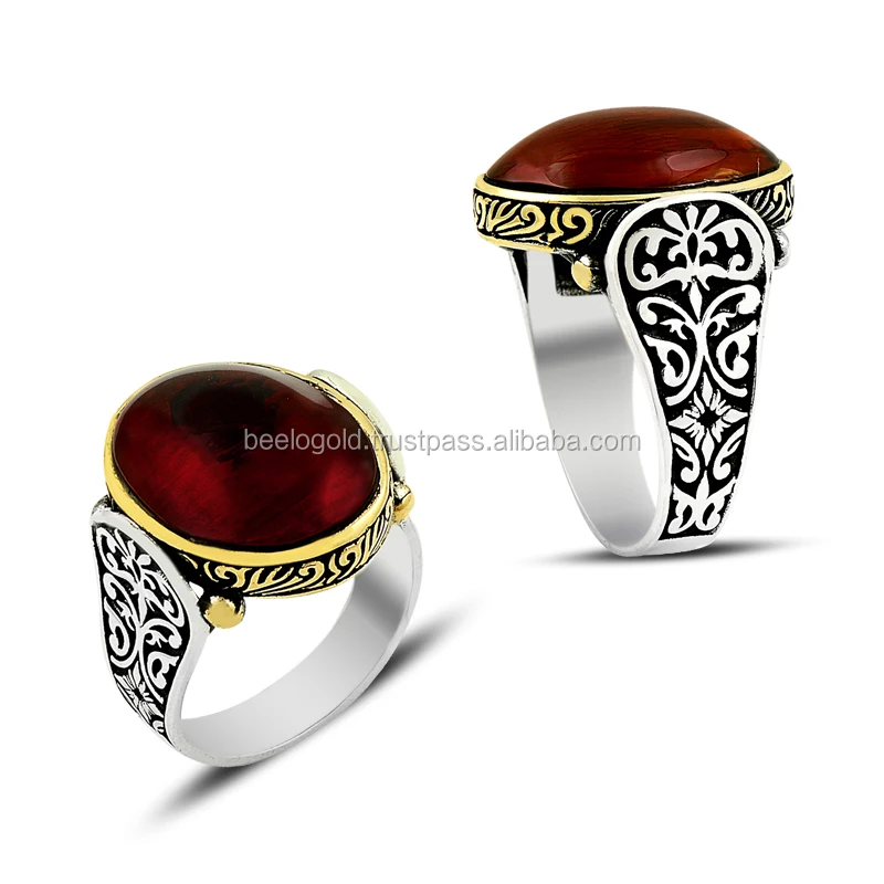 925 Sterling Silver Amber Men Ring Carved Turkish Men Ring Handmade ...