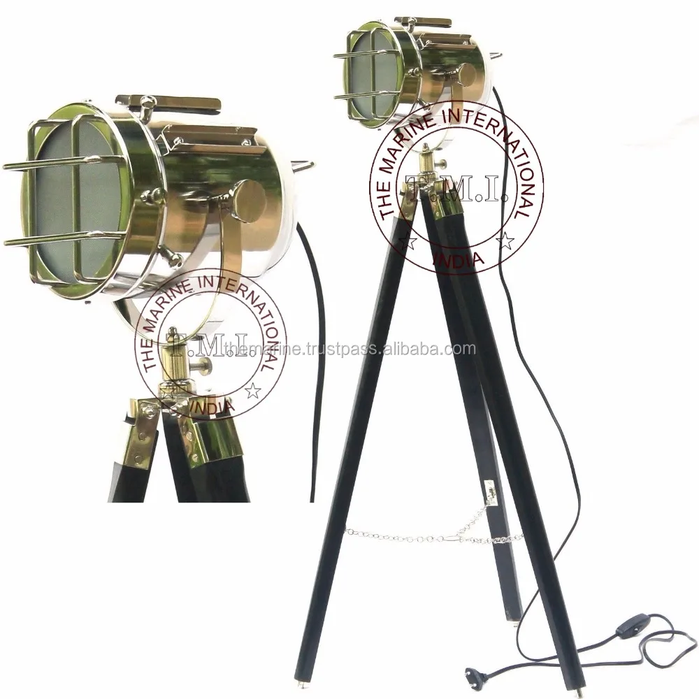 Vintage Brass Spotlight with Wooden Tripod Stand Decorative Floor ...