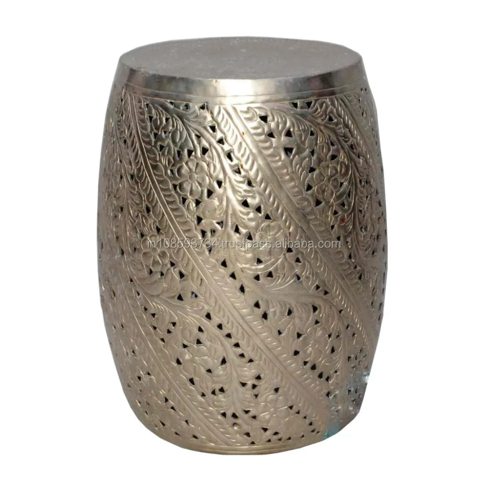 Drum Stool Metal Embossed Flower And Leaves Design Aluminum Grey Metal ...
