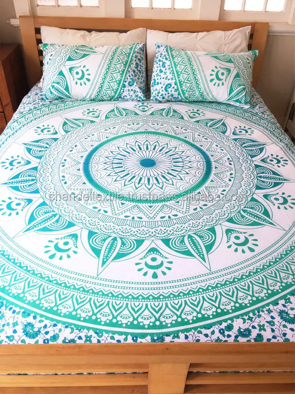 Green Indian Bed COVER Boho Bedspread Mandala Tapestry