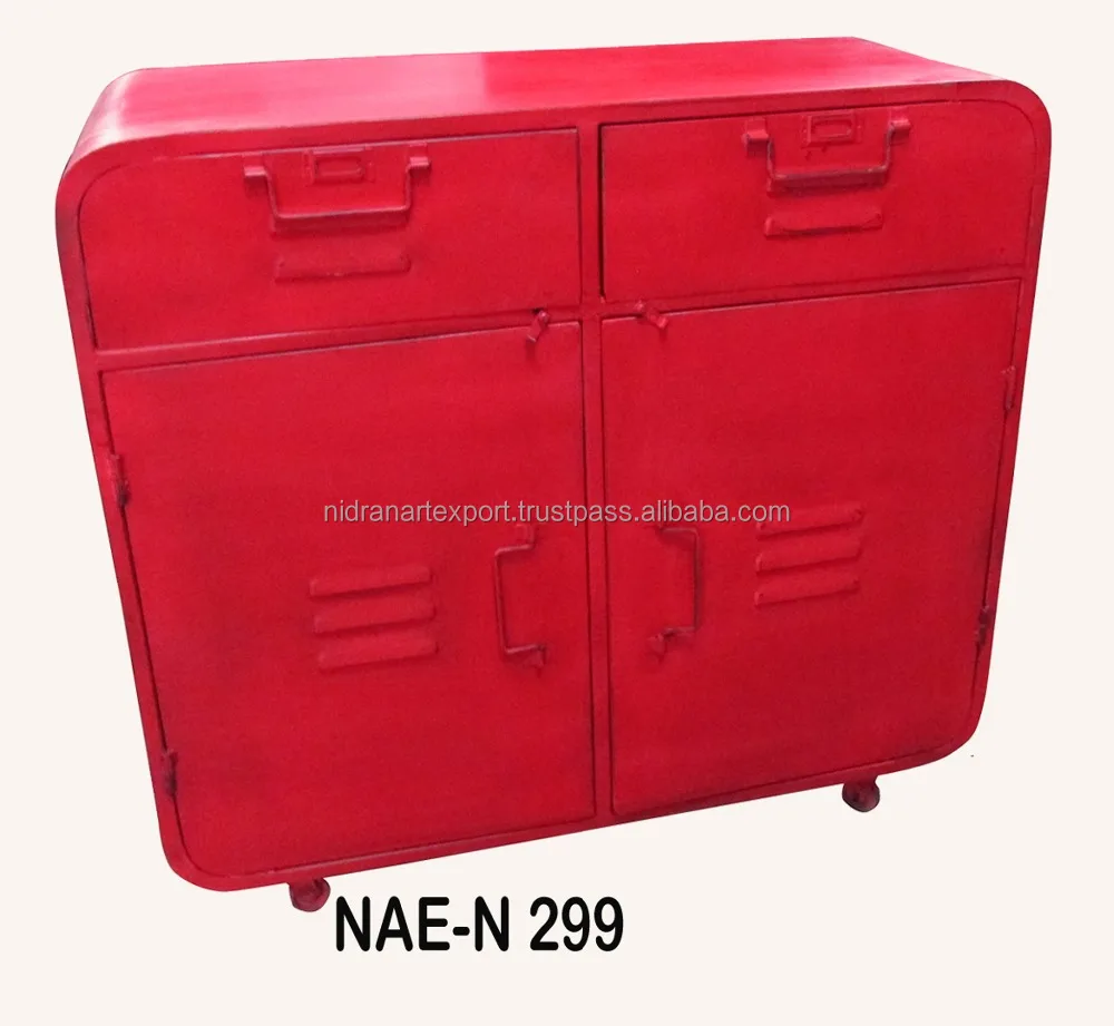 Rustic Red 2-Door TV Cabinet Hand Painted Industrial Iron Wood Side ...