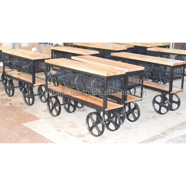 Industrial Vintage Cast Iron Wheel Trolley Cart 4 Bin