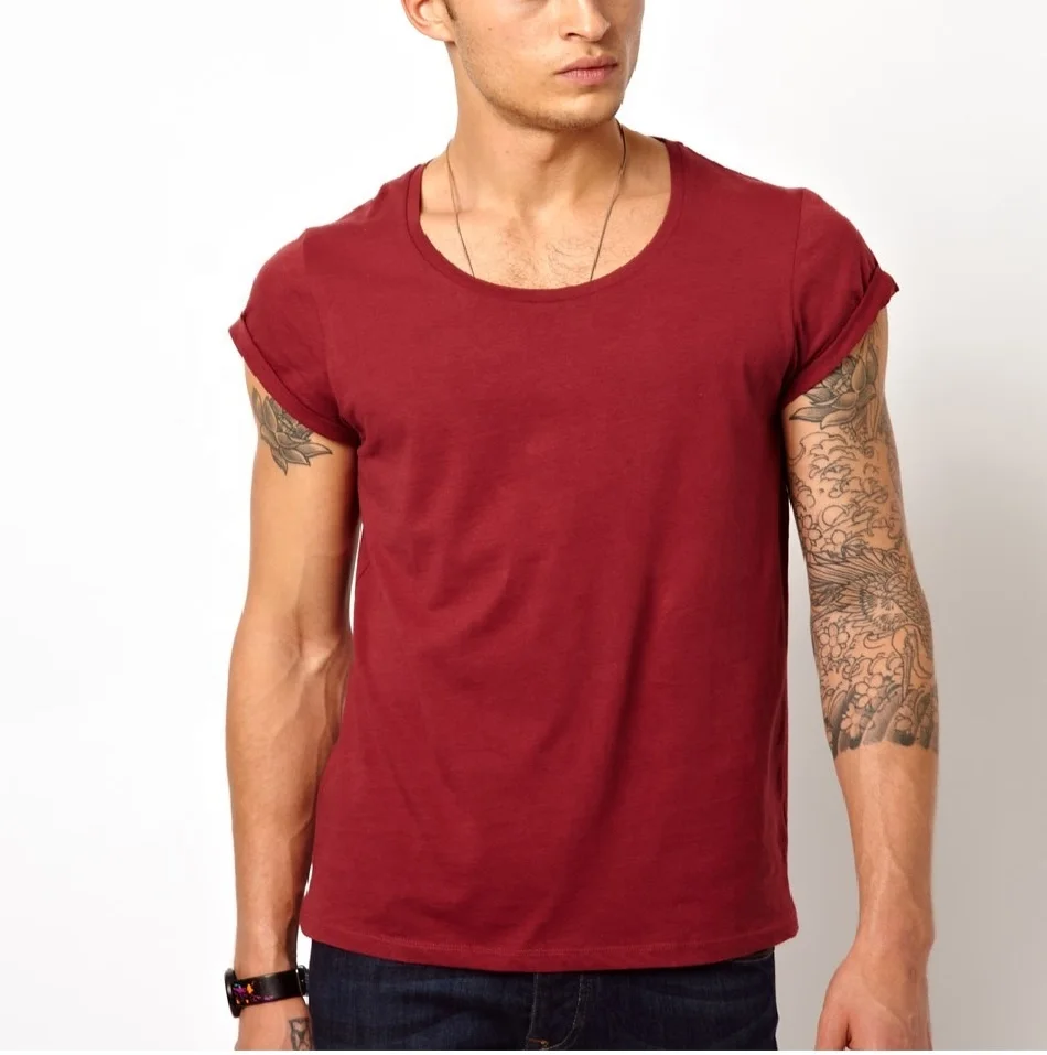 Men's Scoop Neck T Shirt With Rolled Sleeves Casual Streetwear Bank ...