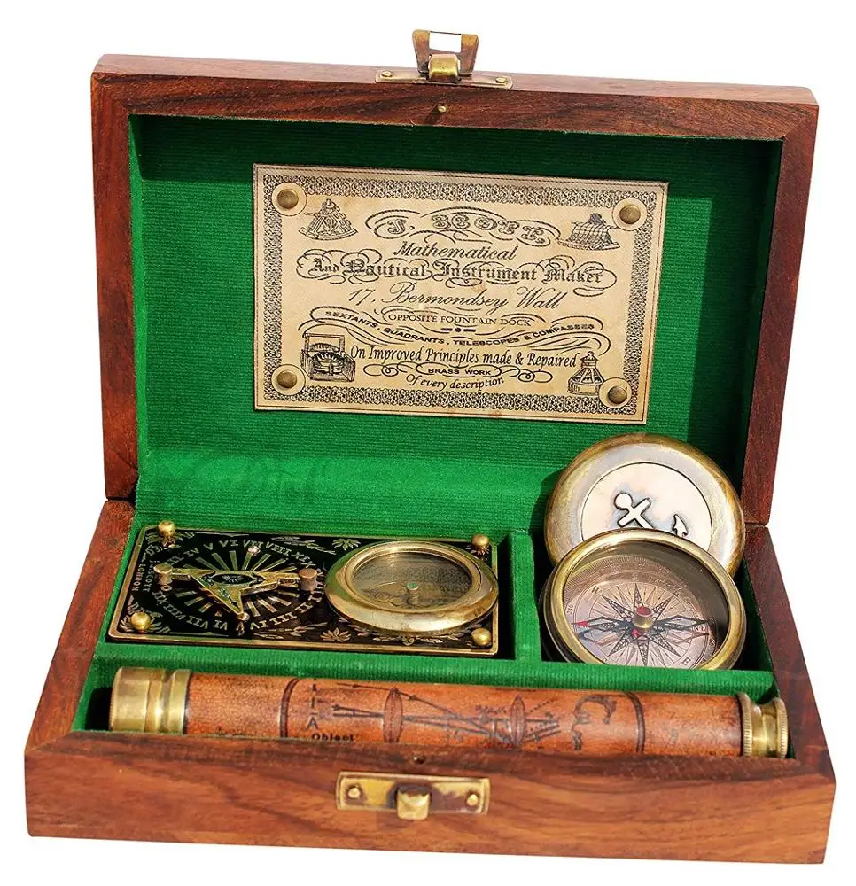 Set of Three Marine Box with Compass Telescope & Sundial