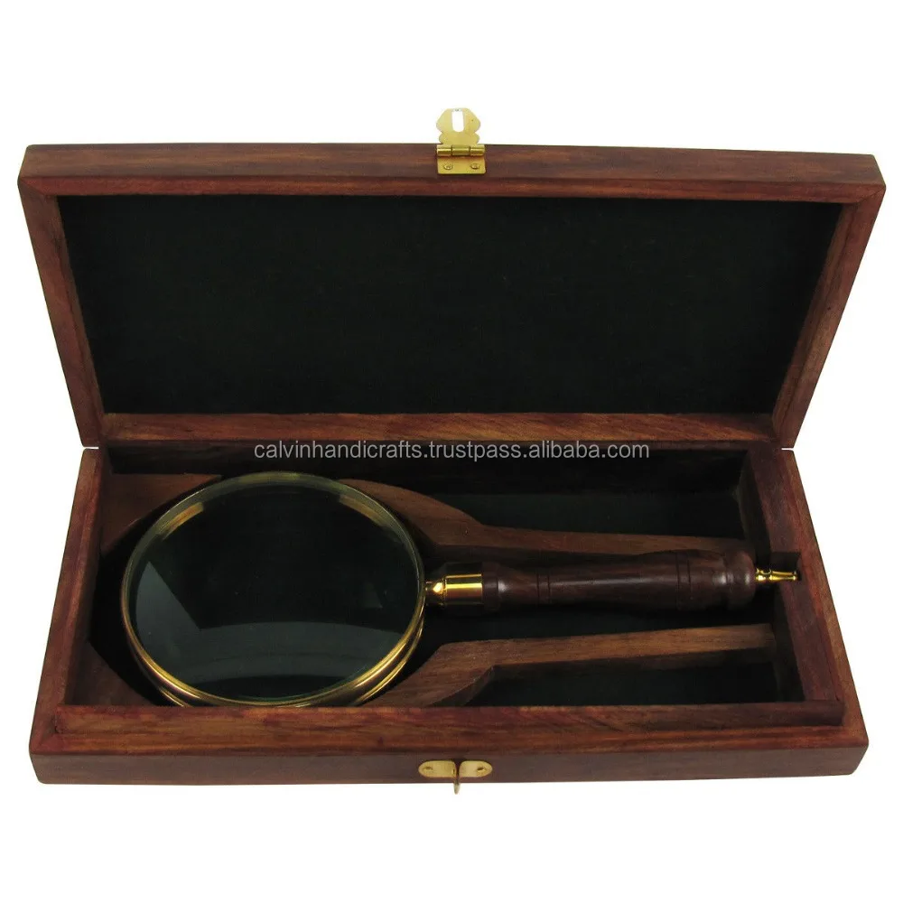 Antique Brass & Wood Turned Hand Lens Magnifying Glass