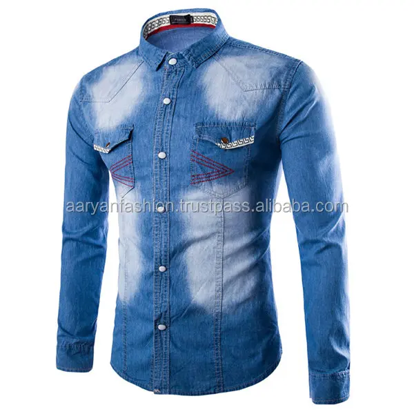 Men's Stone Washed Denim Designer Shirts 100% Cotton Long Sleeve Quick ...