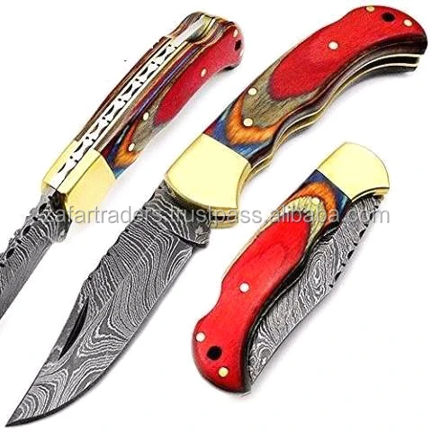 ZR Knives Damascus Folding Knife - Red Multi Color Wood Handle