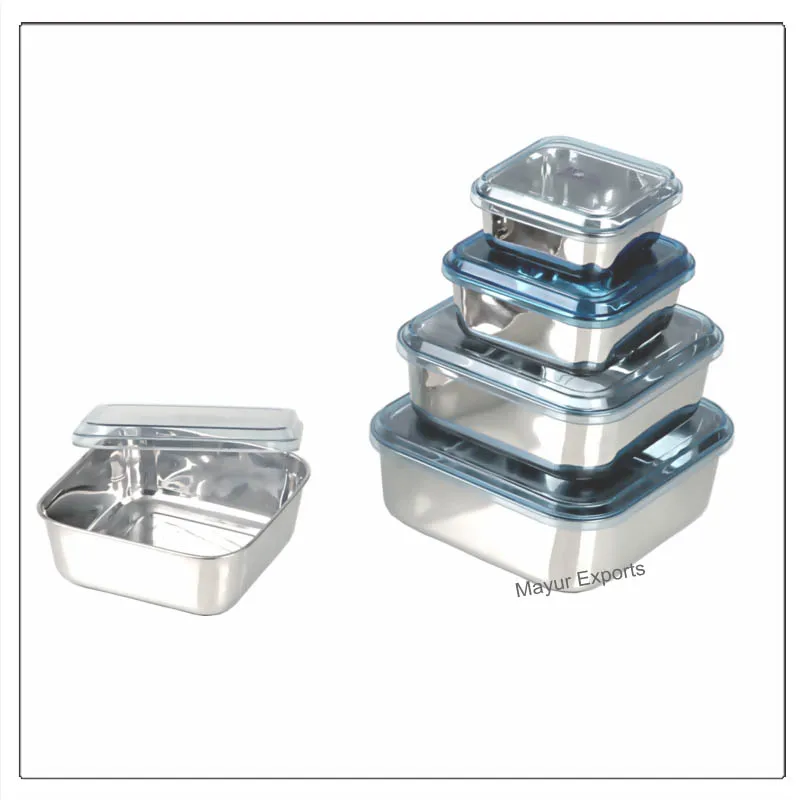 Stainless Steel Square Lid Bowls Stainless Steel Bowl With Blue Acrylic ...