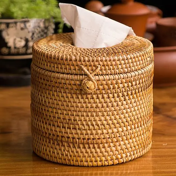 Natural Round Rattan Tissue Holder Box Cover Eco-friendly Kitchen ...