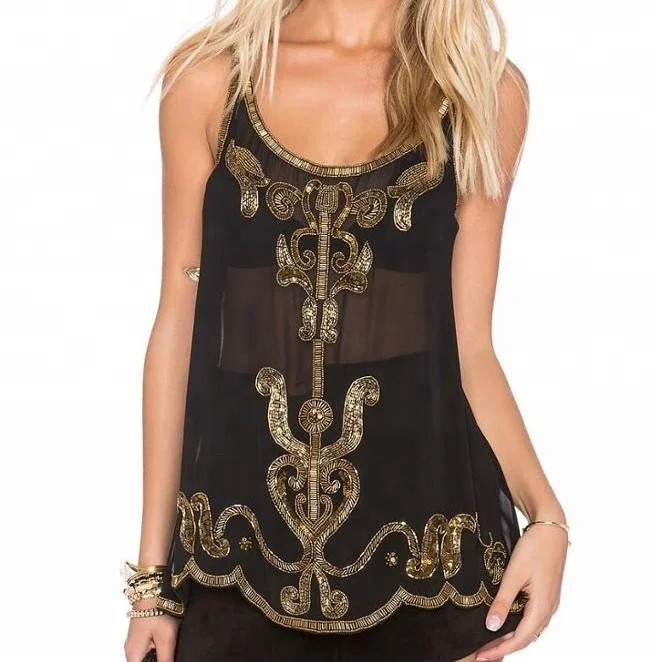 Wholesale Sexy Sheer Golden Beaded Sleeveless Awesome Black U-neck ...