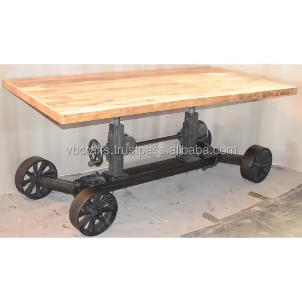 Wood Top Industrial Train Wheel Crank Table - Buy Train Wheel Crank ...