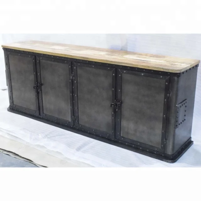 Retro Industrial Metal Riveted Wood Top Sideboard Cabinet