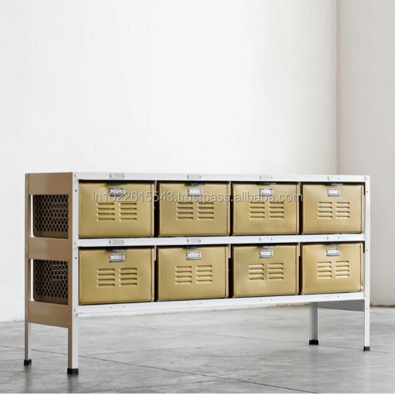 Industrial Iron Locker Style Cabinet - Vintage Gold Finish