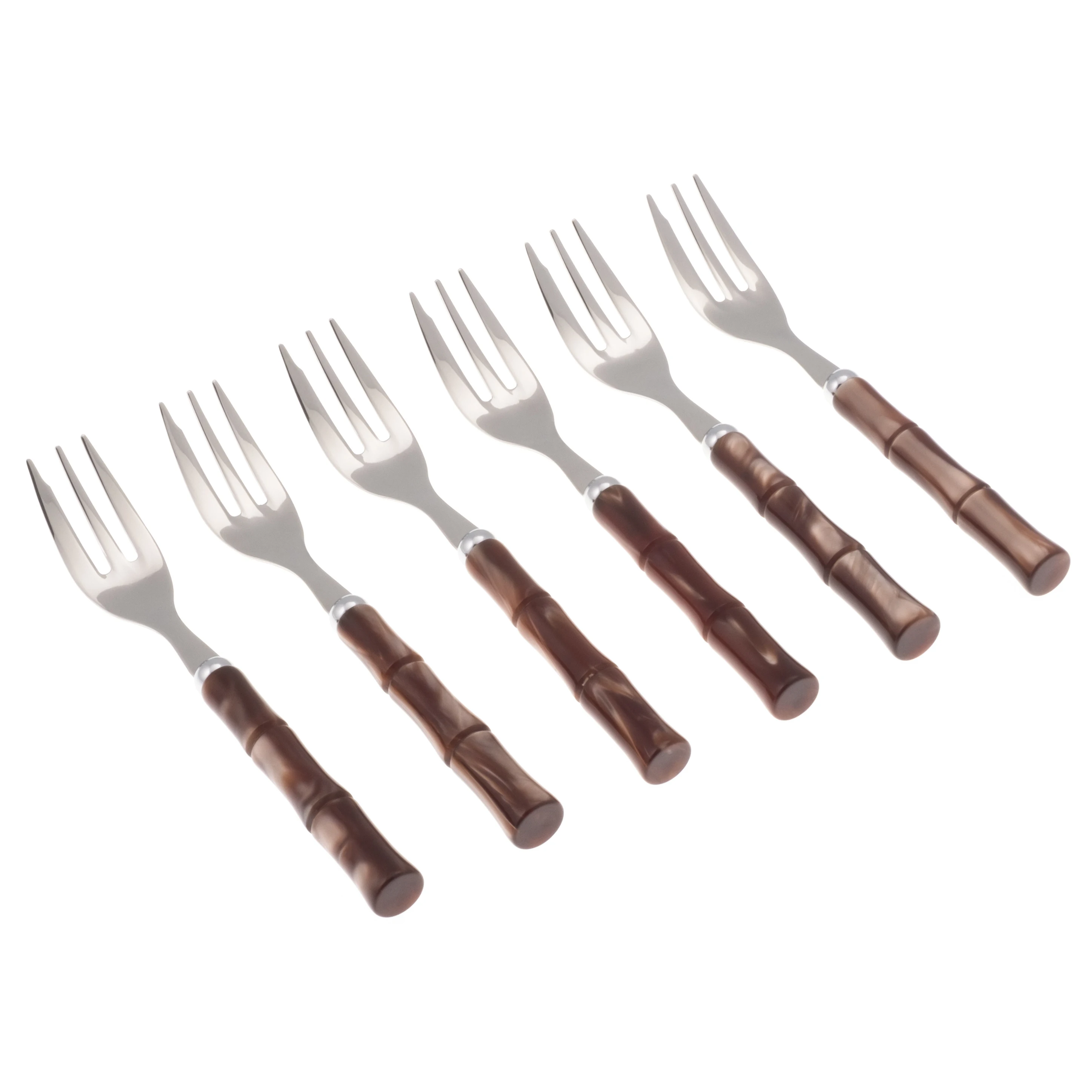 6 Pieces Stainless Steel Cake Forks Plastic Handle Brown Bamboo Made In ...