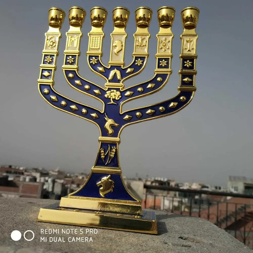 Menorah Seven-branched Candle Holder Jerusalem Blue Enamel Israel ...