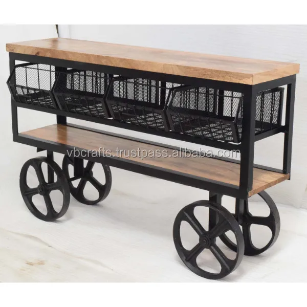 Industrial Vintage Cast Iron Wheel Trolley Cart 4 Bin