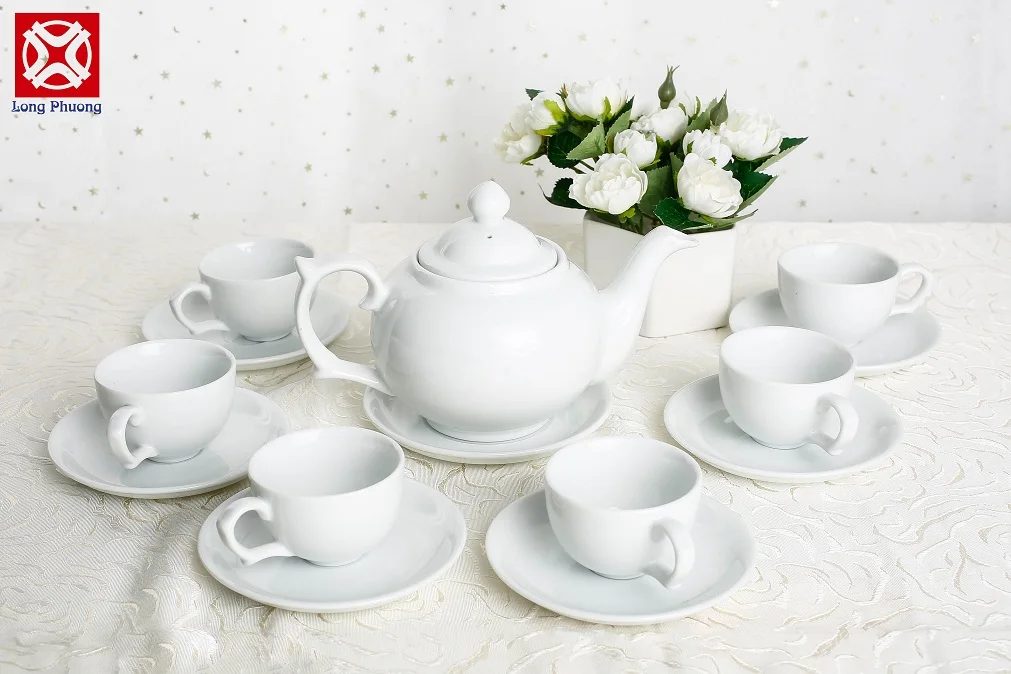 OEM White Oval Tea Set - VPremium Ceramic Tea Set with 1 Teapot and 6 ...