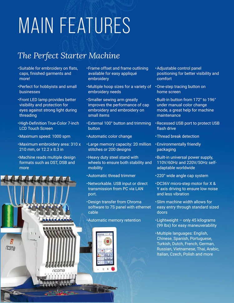 Ricoma Single Head 10 Needles Mini Embroidery Machine with 7'' Touch ...