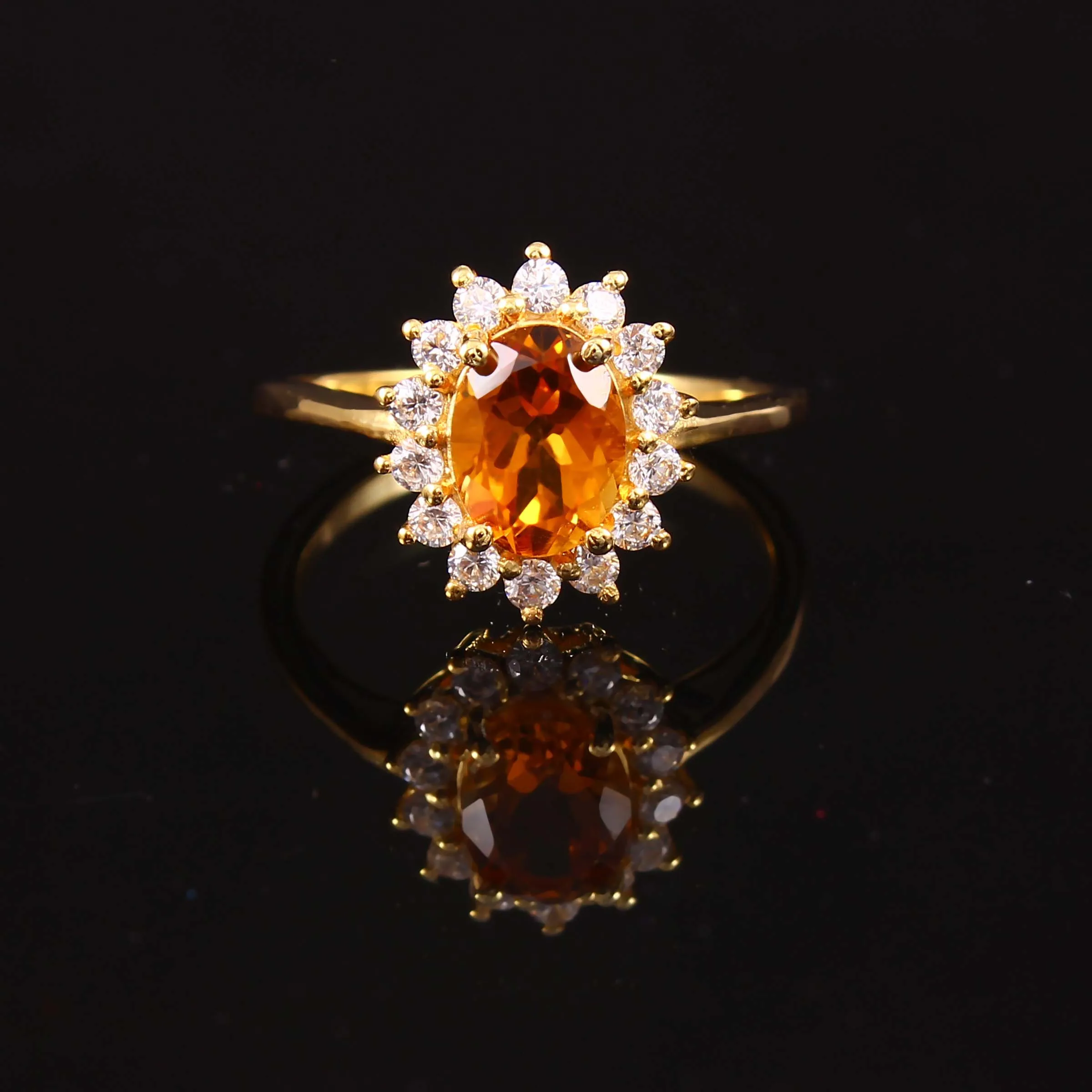 Citrine Gold Ring with Floral Design - 925 Sterling Silver