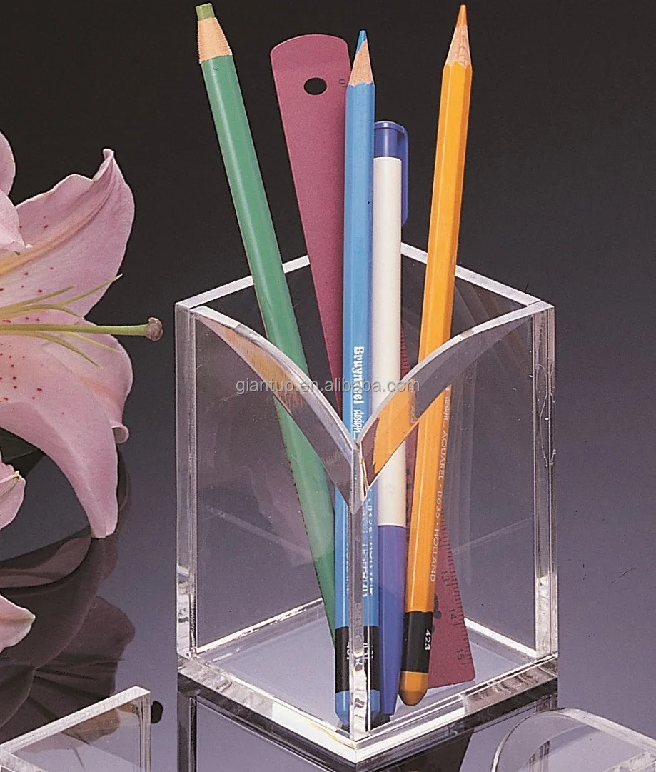 Clear Plastic Acrylic Pen Holder For Office Desktop Stationary Storage ...