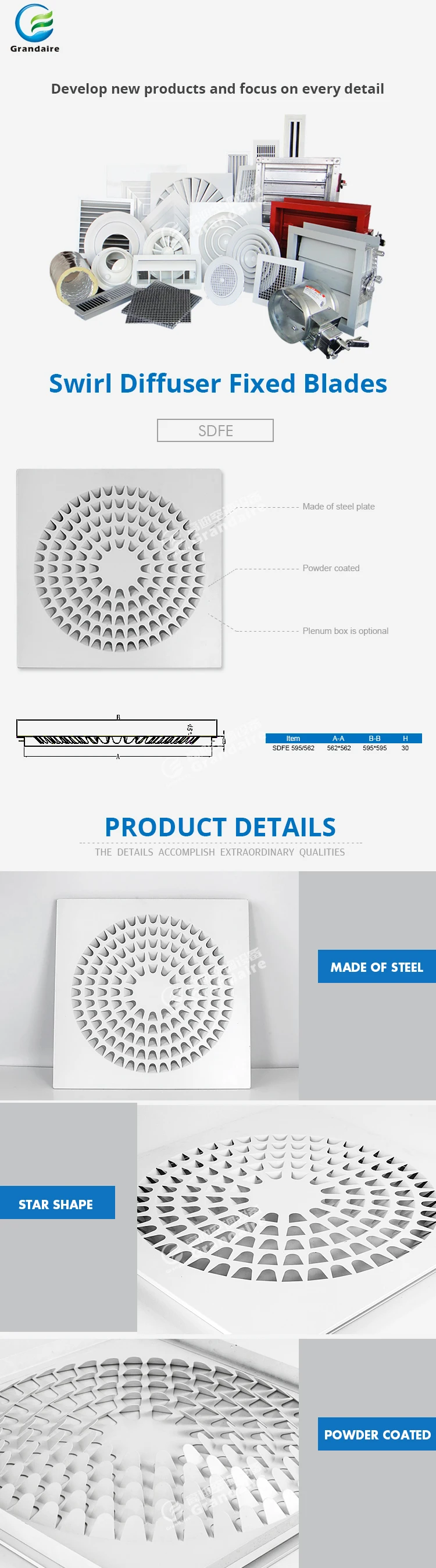 Grandaire Ventilation Square Ceiling Swirl Radial Flow Air Diffusers ...