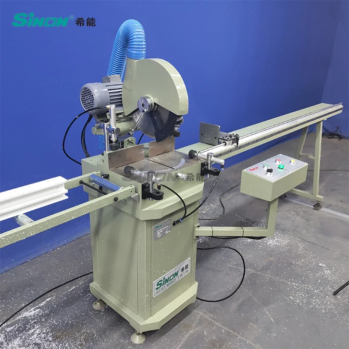 Single Head Mitre Saw Cutting Aluminum with Profile Table