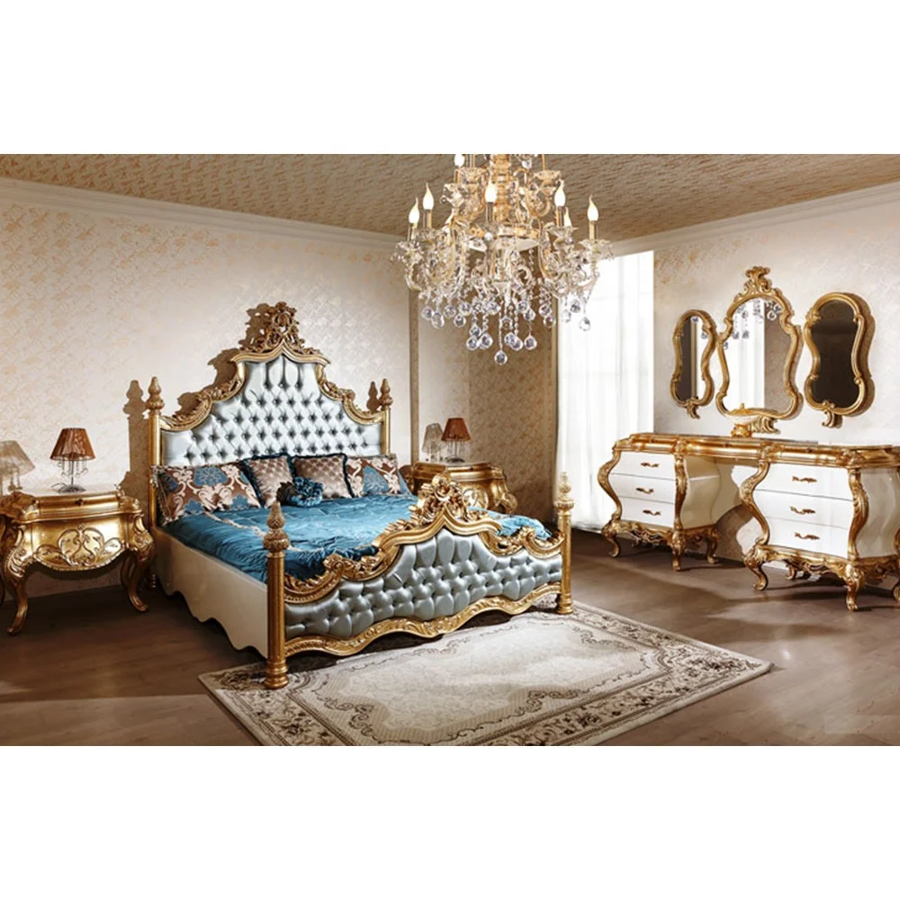 Luxury French Rococo Style Wood Carved Antique Gold Bed
