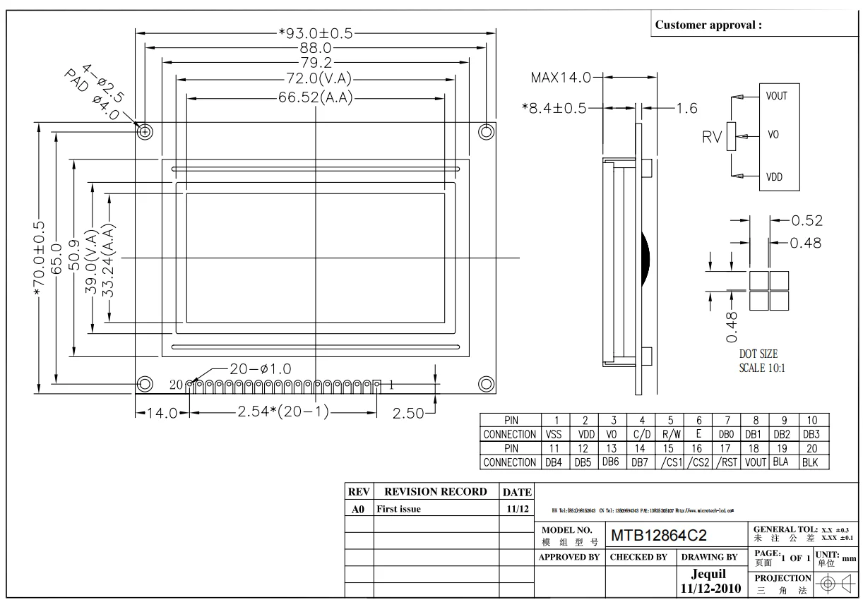 128x64 COB Monochrome Control Board Module - Microtech LCD